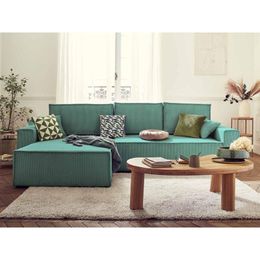 Dellia – ecksofa beidseitig montierbar mit schlaffunktion – mit bettkasten – aus cord – 4-sitzer - blau