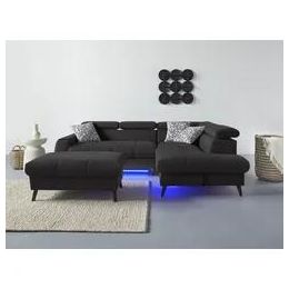 Ecksofa COTTA "Mia L-Form" Sofas Gr. B/H/T: 244cm x 74cm x 193cm, Flachgewebe, Ottomane rechts, Ohne Bettfunktion-ohne Bettkasten-mit RGB-LED-Beleuchtung-ohne Wireless Charger, grau (charcoal) 3-tlg.-Kissen-Set, Ottomane, wahlweise mit oder ohne RGB-Beleuchtung