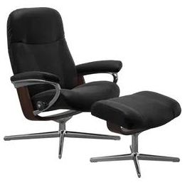 Relaxsessel stressless "Garda" Sessel Gr. Leder BATICK, Cross Base Braun, Relaxfunktion-Drehfunktion-PlusTMSystem-Gleitsystem-BalanceAdaptTM, B/H/T: 91cm x 102cm x 79cm, schwarz (black batick) mit Hocker, Cross Base, Größe M & L, Holzakzent Braun