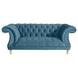 Chesterfield-Sofa Max Winzer "Isabelle" Sofas Gr. B/H/T: 200cm x 80cm x 100cm, Samtvelours 20442, blau (petrol) mit Knopfheftung & gedrechselten Füßen in Buche natur, Breite 200 cm