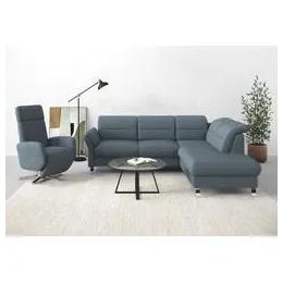 Sit & More Ecksofa SIT & MORE "Grenoble L-Form mit Federkern" Sofas Gr. B/H/T: 247cm x 85cm x 222cm, Struktur, Ottomane rechts, ohne Bettfunktion-ohne Armteilverstellung-ohne Kopfteilverstellung, blau (blau, grau) wahlweise mit Bettfunktion, Bettkasten, Arm- und Kopfteilverstellung