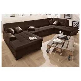 Wohnlandschaft Home Affaire "Bergen U-Form" Sofas Gr. B/H/T: 364cm x 83cm x 106cm, Microfaser MELROSE-Struktur, Ottomane rechts, mit Bettfunktion, braun (dunkelbraun) wahlweise mit Bettfunktion