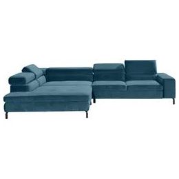 Ecksofa Gallery M BRANDED BY MUSTERRING "Felicia Due L-Form" Sofas Gr. B/H/T: 312 cm x 72 cm x 216 cm, Velours, mega-Recamiere links, ohne Sitzvorzug, blau (blue grey) Wahlweise mit Sitzvorzug, inkl. Kopfteilverstellung, Sitzhöhe 43 cm