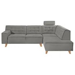 Ecksofa Tom Tailor HOME "NORDIC CHIC" Sofas Gr. B/H/T: 249cm x 77cm x 181cm, Samtstoff STC, Ottomane rechts, mit Sitztiefenverstellung-mit Nackenstütze, grau (basalt stc 9) mit Ottomane, wahlweise Sitzvorzug, Füße Buche natur