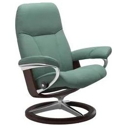 Relaxsessel stressless "Consul" Sessel Gr. Leder PALOMA, Signature Base Braun, BalanceAdaptTM-PlusTMSystem-Gleitsystem-Relaxfunktion-Drehfunktion-Kopfstützenverstellung-Rückteilverstellung, B/H/T: 91cm x 102cm x 79cm, grün (aqua green paloma) mit Signature Base, Größe L, Gestell Braun