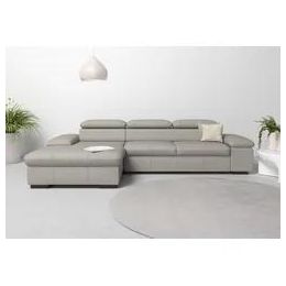 Ecksofa Home Affaire "Alberto L-Form" Sofas Gr. B/H/T: 286cm x 73cm x 174cm, NaturLEDER, Recamiere links, ohne Bettfunktion-Rücken mit Spannstoff bezogen, grau (hellgrau) wahlweise mit Bettfunktion, inkl. Kopfteilverstellung, Recamiere