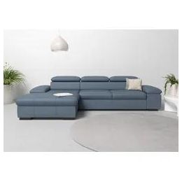 Ecksofa Home Affaire Sofas Gr. B/H/T: 286cm x 73cm x 174cm, NaturLEDER, Recamiere links, ohne Bettfunktion, blau (graublau) mit Kopfteilverstellung, wahlweise Bettfunktion