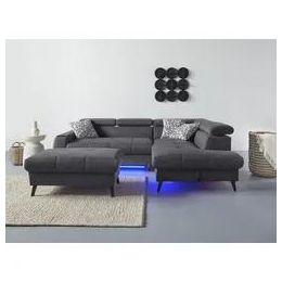 Ecksofa COTTA "Mia L-Form" Sofas Gr. B/H/T: 244cm x 74cm x 193cm, Flachgewebe, Ottomane rechts, Ohne Bettfunktion-ohne Bettkasten-ohne RGB-LED-Beleuchtung-mit Wireless Charger, grau (dark grey) 3-tlg.-Kissen-Set, Ottomane, wahlweise mit oder ohne RGB-Beleuchtung