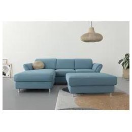 Sit & More Ecksofa SIT & MORE "Apulia L-Form" Sofas Gr. B/H/T: 250cm x 78cm x 185cm, Struktur weich, Recamiere links, ohne Bettfunktion-ohne Bettkasten-mit Armteilverstellung-mit Kopfteilverstellung, blau (hellblau) wahlweise Bettfunktion, Bettkasten und Kopf- Armteilverstellung