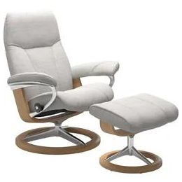 Relaxsessel stressless "Consul" Sessel Gr. Struktur fein JASMINE, Signature Base Eiche, BalanceAdaptTM-PlusTMSystem-Gleitsystem-Relaxfunktion-Drehfunktion-Kopfstützenverstellung-Rückteilverstellung, B/H/T: 91cm x 102cm x 79cm, grau (light grey jasmine) mit Hocker, Signature Base, Größe L, Gestell Eiche