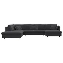 Wohnlandschaft FLEXLUX "Lovane, u-Form, bequem und komfortabel" Sofas Gr. B/H/T: 399cm x 84cm x 272cm, Lederoptik, langer Schenkel links, schwarz (gorilla black) Weich & anschmiegsam, große Sitztiefe auf Kaltschaum, Dekokissen inkl.