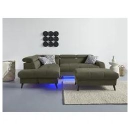 Ecksofa COTTA "Mia L-Form" Sofas Gr. B/H/T: 244cm x 74cm x 193cm, Flachgewebe, Ottomane links, Mit Bettfunktion-mit Bettkasten-ohne RGB-LED-Beleuchtung-mit Wireless Charger, grün (turtle) 3-tlg.-Kissen-Set, Ottomane, wahlweise mit oder ohne RGB-Beleuchtung