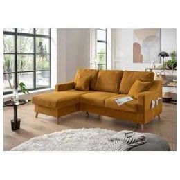 Ecksofa Inosign "Valentina L-Form" Sofas Gr. B/H/T: 228cm x 94cm x 150cm, Cord, Recamiere links-Bettfunktion rechts, goldfarben (gold) 2 Zierkissen, mit Seitentasche, ausziehbarer Liegefläche, Bettkasten