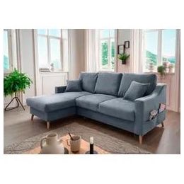 Ecksofa Inosign "Valentina L-Form" Sofas Gr. B/H/T: 228cm x 94cm x 150cm, Struktur, Recamiere links-Bettfunktion rechts, blau 2 Zierkissen, mit Seitentasche, ausziehbarer Liegefläche, Bettkasten