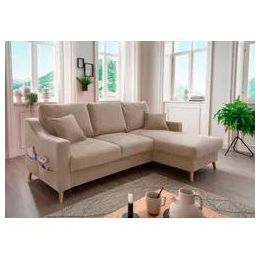 Ecksofa Inosign "Valentina L-Form" Sofas Gr. B/H/T: 228cm x 94cm x 150cm, Struktur, Recamiere rechts-Bettfunktion links, beige 2 Zierkissen, mit Seitentasche, ausziehbarer Liegefläche, Bettkasten