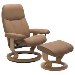 Relaxsessel stressless "Consul" Sessel Gr. Leder BATICK, Classic Base Eiche, PlusTMSystem-Gleitsystem-Relaxfunktion-Drehfunktion-Kopfstützenverstellung-Rückteilverstellung, B/H/T: 72cm x 94cm x 70cm, braun (latte batick) mit Hocker, Classic Base, Größe S, Gestell Eiche