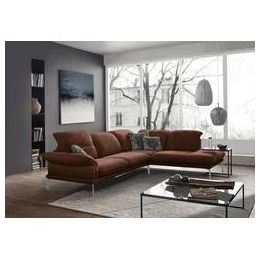 Ecksofa W.Schillig "sherry" Sofas Gr. B/H/T: 302cm x 81cm x 230cm, Longlife Xtra-Leder Z69, Ottomane rechts, ohne Kopfteilverstellung-ohne Armlehnenverstellung, braun (tabacco z69) Kopfstützenverstellung, Winkelfüße in Chrom glänzend, Breite 302 cm