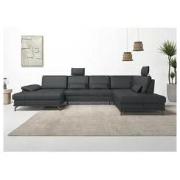 Wohnlandschaft Places of Style "Costello U-Form" Sofas Gr. B/H/T: 363cm x 89cm x 223cm, Material, Recamiere links, mit Bettfunktion-mit Stauraum-Bett im Stoff bezogen, schwarz incl. Sitztiefenverstellung und Armlehnfunktion, 3 Nierenkissen