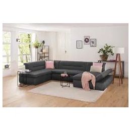 Wohnlandschaft Inosign "Avesa U-Form", grau (anthrazit), B:355cm H:80cm T:216cm, 100% Polyester, Sofas, Wahlweise mit Armteilverstellung und Bettfunktion, B/T/H: 355/216/80cm