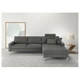 Ecksofa 3C Candy "Lecce, wahlweise PUR-Schaumstoff oder Tonnentaschenfederkern" Sofas Gr. B/H/T: 281 cm x 86 cm x 194 cm, Velours, Longchair rechts, Sitzaufbau mit Tonnentaschenfederkern, grau (steel) Bett im 2,5-Sitzer, teilmotorische Schlaffunktion Longchair, L-Form