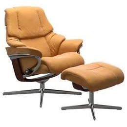 Relaxsessel stressless "Reno" Sessel Gr. Material Bezug, Material Gestell, Ausführung / Funktion, Maße B/H/T, gelb (honey) mit Hocker, Cross Base, Größe S, M & L, Holzakzent Braun