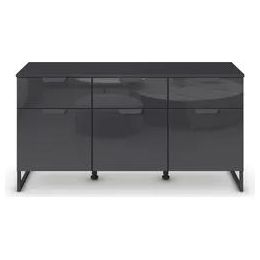 Kombikommode Rauch "Modern by Aditio" Sideboards Gr. B/H/T: 140cm x 73cm x 44cm, 3 St., grau (graumetallic) mit Glasfront und Kufenfuß, 3 Schubladen Softclose-Funktion