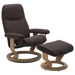 Relaxsessel stressless "Consul" Sessel Gr. Leder PALOMA, Classic Base Eiche, PlusTMSystem-Gleitsystem-Relaxfunktion-Drehfunktion-Kopfstützenverstellung-Rückteilverstellung, B/H/T: 72cm x 94cm x 70cm, braun (chocolate paloma) mit Hocker, Classic Base, Größe S, Gestell Eiche