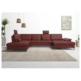 Wohnlandschaft Places of Style "Costello U-Form" Sofas Gr. B/H/T: 363cm x 89cm x 223cm, Material, Recamiere rechts, mit Bettfunktion-mit Stauraum-Bett im Stoff bezogen, rot (merlot) incl. Sitztiefenverstellung und Armlehnfunktion, 3 Nierenkissen