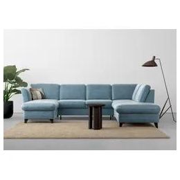 Wohnlandschaft Home Affaire "Trelleborg U-Form" Sofas Gr. B/H/T: 307 cm x 86 cm x 213 cm, Cord, Ottomane rechts, mit Bettfunktion-mit Stauraum, blau (blau, grau) wahlweise mit Bettfunktion und Bettkasten, inkl. Federkern-Polsterung