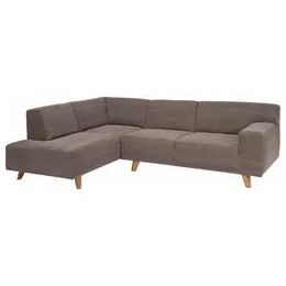 Ecksofa Tom Tailor HOME "NORDIC PURE" Sofas Gr. B/H/T: 249cm x 77cm x 181cm, Vintage Webstoff TUS, Ottomane links, braun (brown tus 4) mit Ottomane, im Retrolook, Füße Buche natur