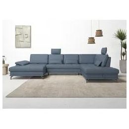 Wohnlandschaft Places of Style "Costello U-Form" Sofas Gr. B/H/T: 363cm x 89cm x 223cm, Material, Recamiere links, mit Bettfunktion-mit Stauraum-Bett im Stoff bezogen, blau (graublau) incl. Sitztiefenverstellung und Armlehnfunktion, 3 Nierenkissen