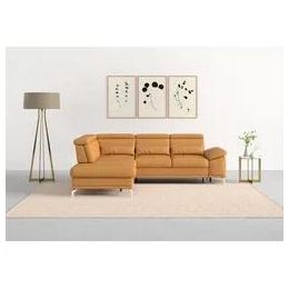 Sit & More Ecksofa SIT & MORE "Cabrio L-Form, mit Sitztiefenverstellung, Arm- und Kopfteilverstellung" Sofas Gr. B/H/T: 274cm x 87cm x 230cm, Material, Ottomane links, mit Bettfunktion-mit Bettkasten-mit Kopfteilverstellung-mit Armteilfunktion-mit 3 Nierenkissen-Bett im Stoff bezogen, gelb (curry) 3 Nierenkissen, Federkern, optional Bettfunktion und Stauraum