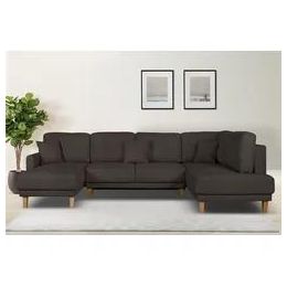 Wohnlandschaft Home Affaire "Triplo wahlweise mit Schlaffunktion, Steppung im Rückenkissen, U-Form" Sofas Gr. B/H/T: 310 cm x 90 cm x 192 cm, Struktur weich, Recamiere links, mit Bettfunktion-mit Bettkasten, schwarz mit Steppung, auch Bettfunktion und Bettkasten, incl. 3 Zierkissen