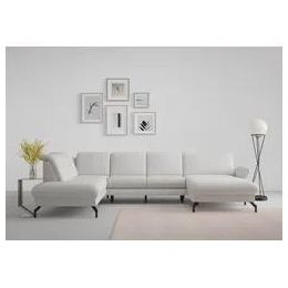 Sit & More Wohnlandschaft SIT & MORE "Fashion U-Form" Sofas Gr. B/H/T: 338cm x 84cm x 207cm, Soft clean, Ottomane links, mit Kopfteilverstellung-mit Vorziehsitz, motorisch, grau (hellgrau) wahlweise mit Kopfteilverstellung, Vorziehsitz, motorisch, Metallfüße