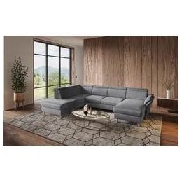 Wohnlandschaft Home Affaire "Calypso U-Form" Sofas Gr. B/H/T: 334 cm x 85 cm x 227 cm, Flachgewebe, Ottomane links, mit Kopfteilverstellung-mit Armteilverstellung-mit Bett-ohne Bettkasten-mit Relax motorisch-mit Stauraum, grau (anthrazit) wahlweise mit motorischer Relaxfunktion