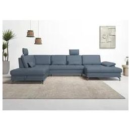 Wohnlandschaft Places of Style "Costello U-Form" Sofas Gr. B/H/T: 363cm x 89cm x 223cm, NaturLEDER, Recamiere rechts, mit Bettfunktion-mit Stauraum-Bett mit Leder bezogen, blau (graublau) incl. Sitztiefenverstellung und Armlehnfunktion, 3 Nierenkissen