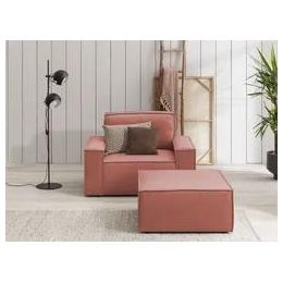 Sessel Home Affaire "SHERWOOD" Gr. Samtvelours, B/H/T: 120 cm x 85 cm x 166 cm, rot (coral) Loveseat und Hocker im Set, passend zur Polster-Serie SHERWOOD