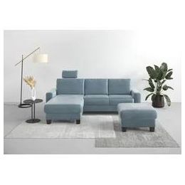 Ecksofa Home Affaire "Summer L-Form" Sofas Gr. B/H/T: 249 cm x 91 cm x 164 cm, Breitcord, Recamiere links, ohne Bettfunktion-ohne Bettkasten-mit Federkern, blau (blau, grau) mit Recamiere, oder ohne Bettfunktion und Bettkasten, Cord-Bezug