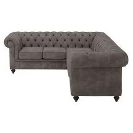 Chesterfield-Sofa Home Affaire "Chesterfield Ecksofa, auch in Leder L-Form" Sofas Gr. B/H/T: 250cm x 74cm x 210cm, Luxus-Microfaser Lederoptik, langer Schenkel rechts, braun (dunkelbraun) hochwertige Knopfheftung, langer Schenkel links oder rechts wählbar