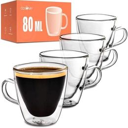 Cosumy Gläser-Set 4 doppelwandige Espressogläser 80ml mit Henkel, Glas