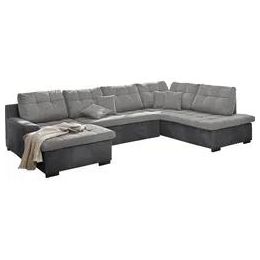 Wohnlandschaft Home Affaire "Föhr U-Form" Sofas Gr. B/H/T: 310 cm x 75 cm x 200 cm, Microfaser MELROSE-Struktur grob, Recamiere links, ohne Bettfunktion, grau (schwarz, hellgrau) wahlweise mit Bettfunktion