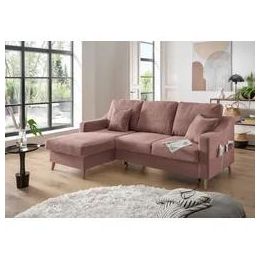 Ecksofa Inosign "Valentina L-Form" Sofas Gr. B/H/T: 228cm x 94cm x 150cm, Cord, Recamiere links-Bettfunktion rechts, rosa 2 Zierkissen, mit Seitentasche, ausziehbarer Liegefläche, Bettkasten