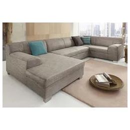 Wohnlandschaft DOMO collection "Amando U-Form" Sofas Gr. B/H/T: 332cm x 74cm x 182cm, Struktur, Recamiere links, ohne Bettfunktion, braun (braun/beige) wahlweise mit Bettfunktion, frei im Raum stellbar