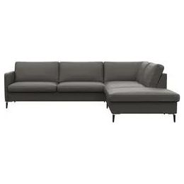 Ecksofa FLEXLUX "Fiore, super Sitzkomfort durch Kaltschaum im Sitz, L-Form" Sofas Gr. B/H/T: 266cm x 85cm x 225cm, Echtleder, Ottomane rechts, grau (warm mineral) schmale Armlehnen, Füße Alu+schwarz