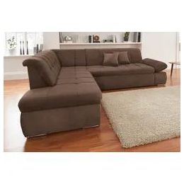 Ecksofa DOMO collection "NMoric incl. Zierkissen B/T/H: 273/216/80 cm L-Form" Sofas Gr. B/H/T: 273cm x 80cm x 216cm, Microfaser PRIMABELLE, Ottomane links, ohne Funktion, braun Ottomanen-Abschluss, wahlweise mit Bettfunktion und Armlehnverstellung