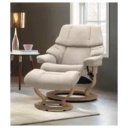 Relaxsessel stressless "Reno" Sessel Gr. ROHLEDER Stoff Q2 FARON, Classic Base Eiche, Relaxfunktion-Drehfunktion-PlusTMSystem-Gleitsystem, B/H/T: 88cm x 98cm x 78cm, beige (light q2 faron) mit Hocker, Classic Base, Größe S, M & L, Gestell Eiche