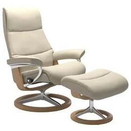 Relaxsessel stressless "View" Sessel Gr. Leder BATICK, Cross Base Eiche, Relaxfunktion-Drehfunktion-PlusTMSystem-Gleitsystem-BalanceAdaptTM, B/H/T: 91cm x 110cm x 85cm, beige (cream batick) mit Signature Base, Größe L,Gestell Eiche