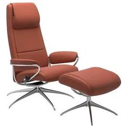 Relaxsessel stressless "Paris" Sessel Gr. Leder PALOMA, Star Base-Standard Base, PlusTMSystem-Gleitsystem-Relaxfunktion-Drehfunktion-Kopfstützenverstellung-Rückteilverstellung, B/H/T: 80cm x 110cm x 74cm, rot (henna paloma) mit Hocker, High Back, Star Base, Gestell Chrom