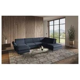 Wohnlandschaft Home Affaire "Calypso U-Form" Sofas Gr. B/H/T: 334 cm x 85 cm x 227 cm, Luxus-Microfaser Lederoptik, Ottomane rechts, mit Kopfteilverstellung-mit Armteilverstellung-mit Bett-ohne Bettkasten-mit Relax motorisch-mit Stauraum, blau (dunkelblau) wahlweise mit motorischer Relaxfunktion