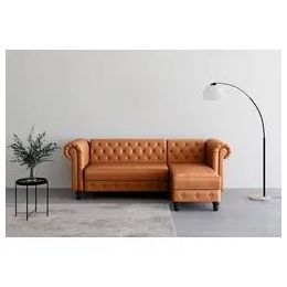 Ecksofa DOREL HOME "Felix, L-Form, 241 cm (Liegefl.108x195 cm), Recamiere tauschbar" Sofas Gr. B/H/T: 241cm x 83cm x 154cm, Kunstleder, Recamiere beidseitig montierbar, braun (cognac) verstellb. Rückenlehne, Bett-Funktion, Velours, Kunstleder, Vintage